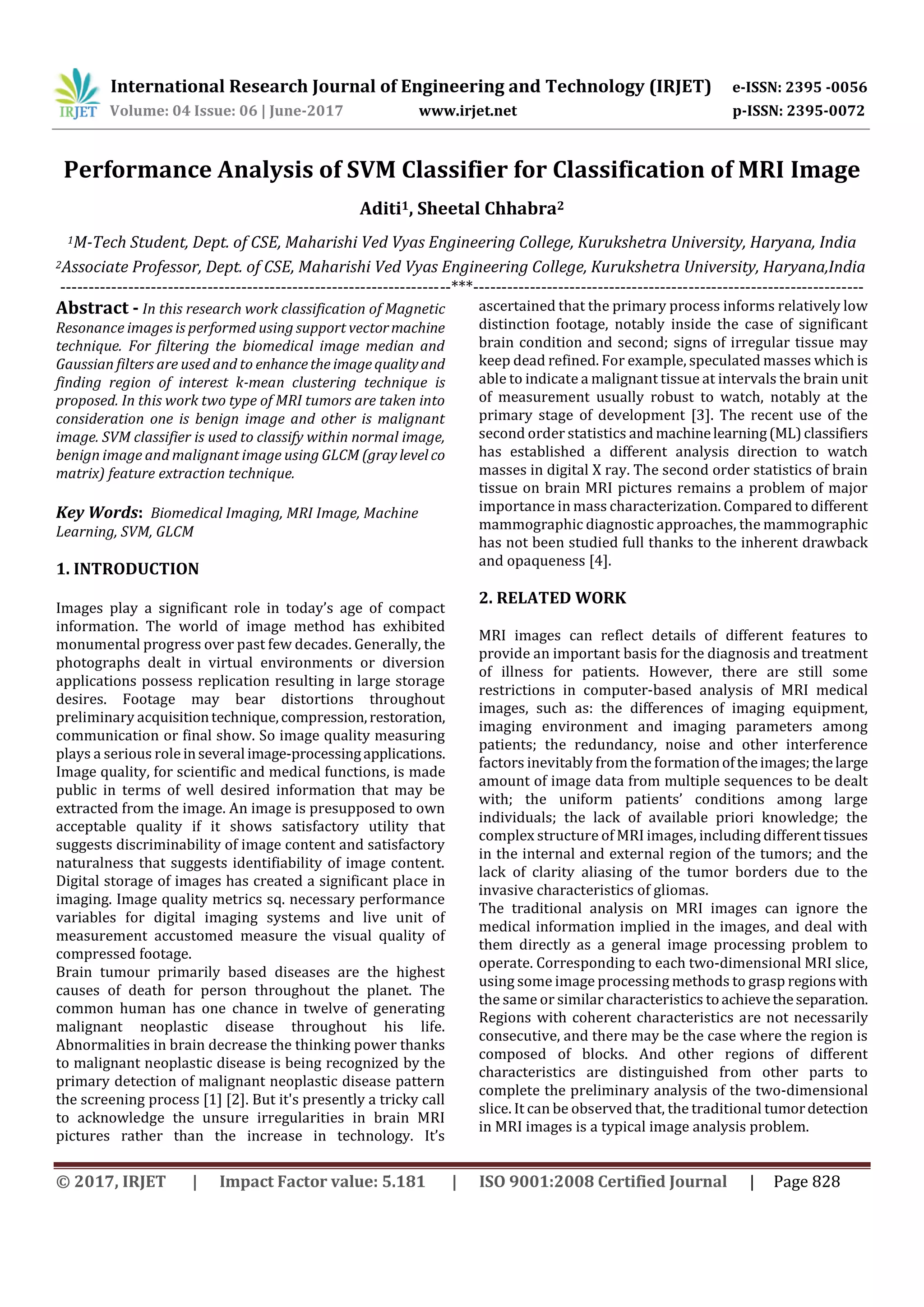 Performance Analysis of SVM Classifier for Classification of MRI Image | PDF