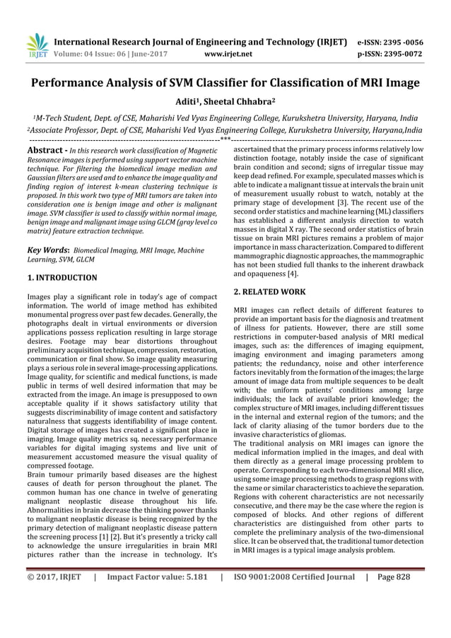 Performance Analysis Of Svm Classifier For Classification Of Mri Image