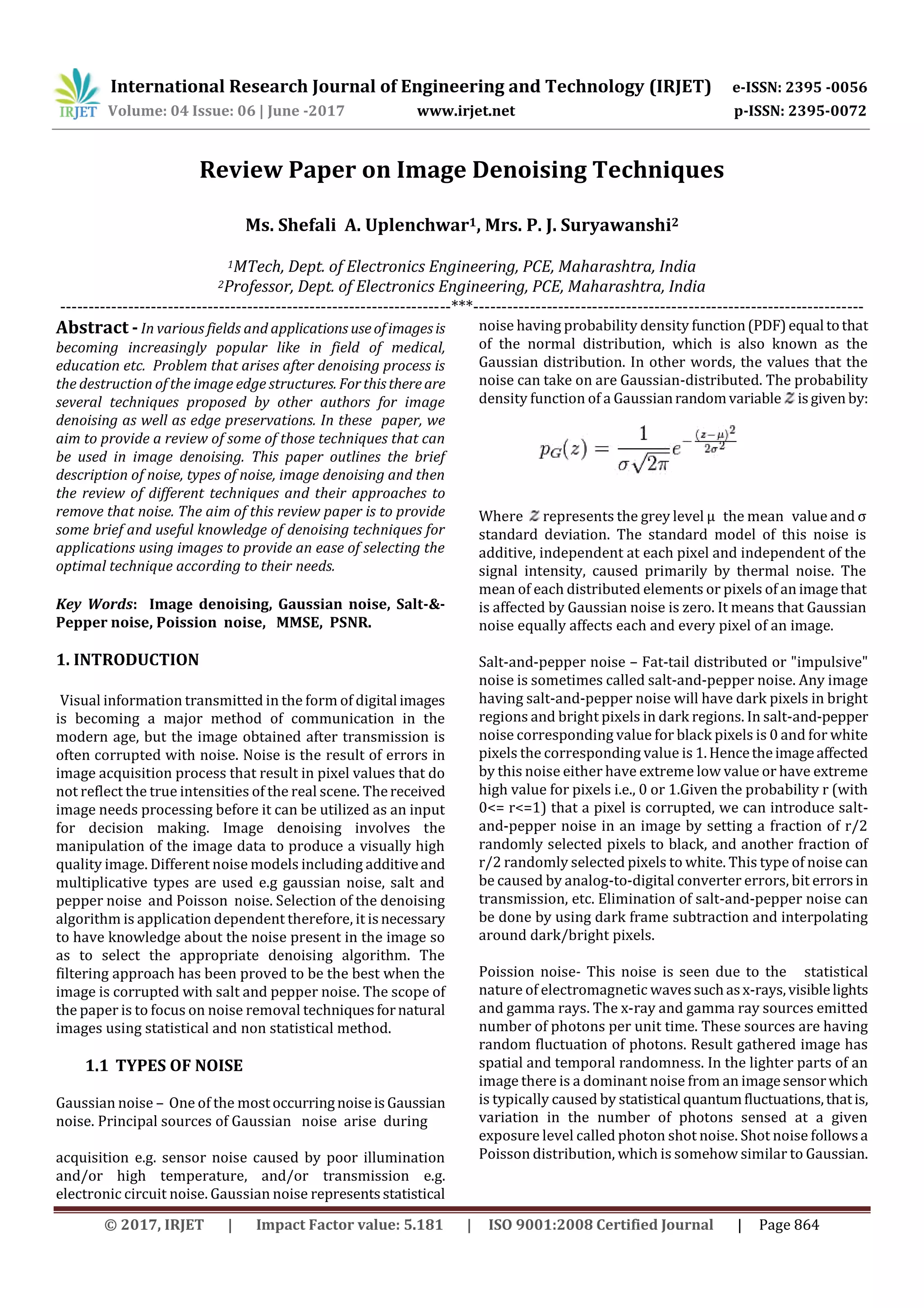 Review Paper on Image Denoising Techniques | PDF
