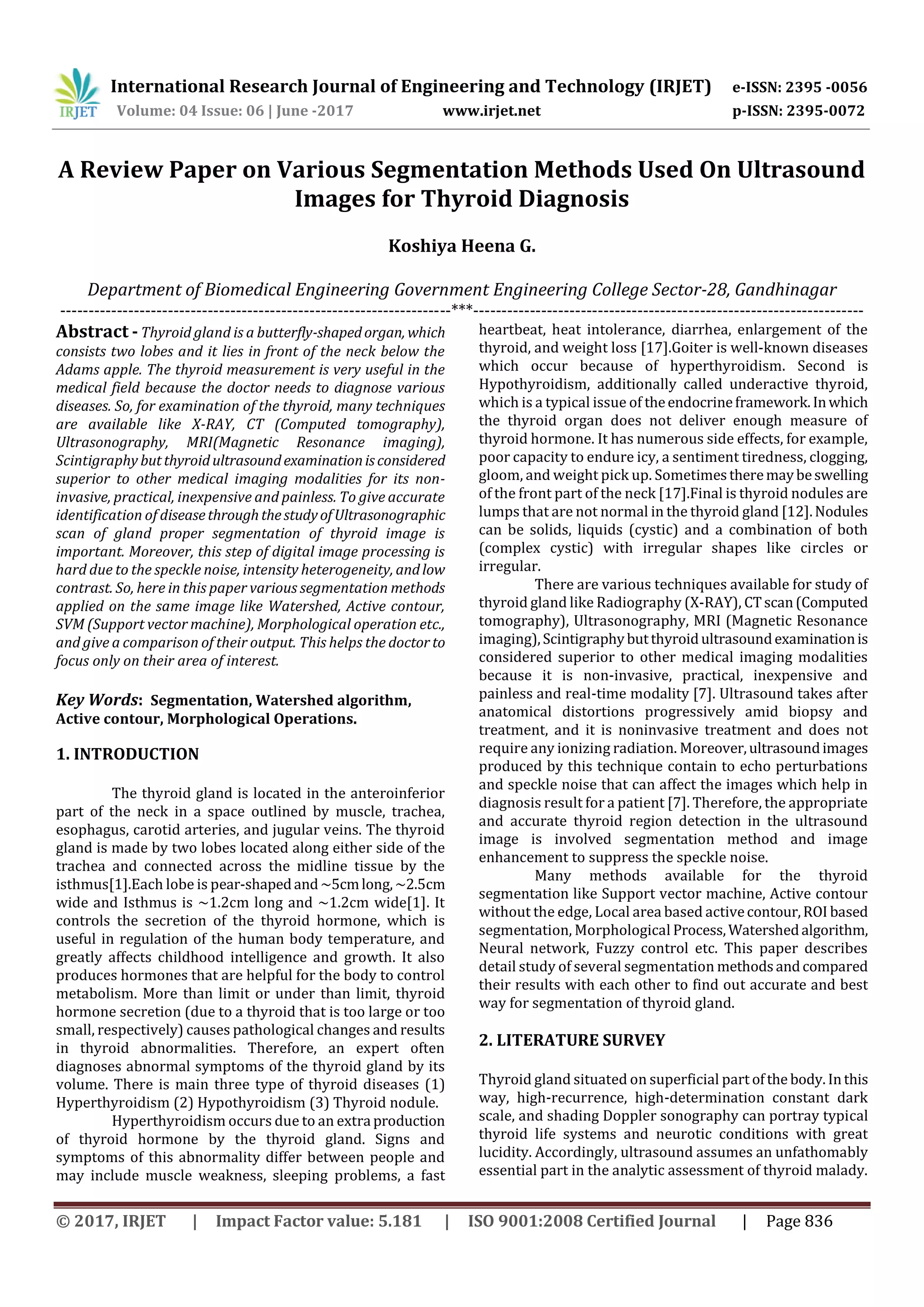 A Review Paper on Various Segmentation Methods used on Ultrasound Images for Thyroid Diagnosis | PDF