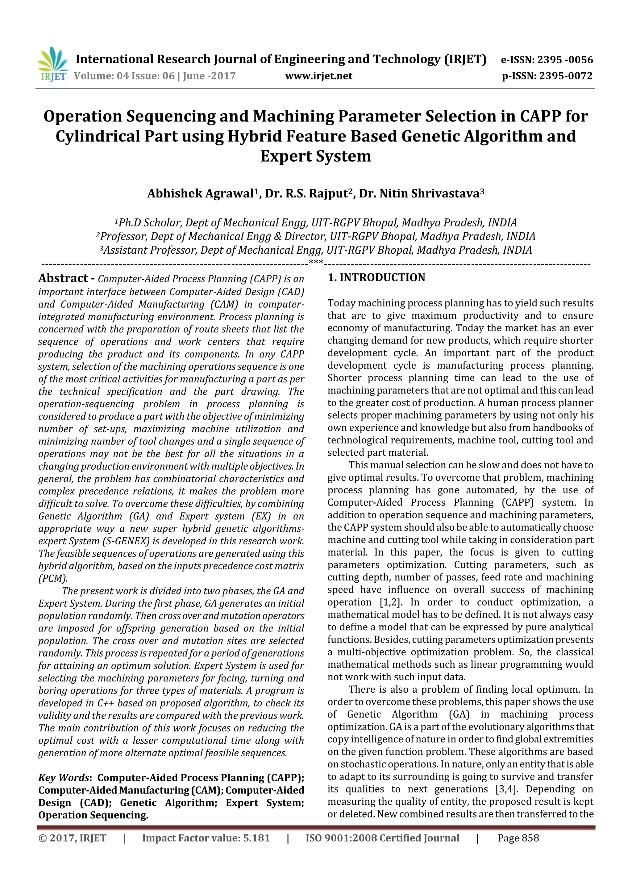 Operation Sequencing and Machining Parameter Selection in CAPP for Cylindrical Part using Hybrid ...