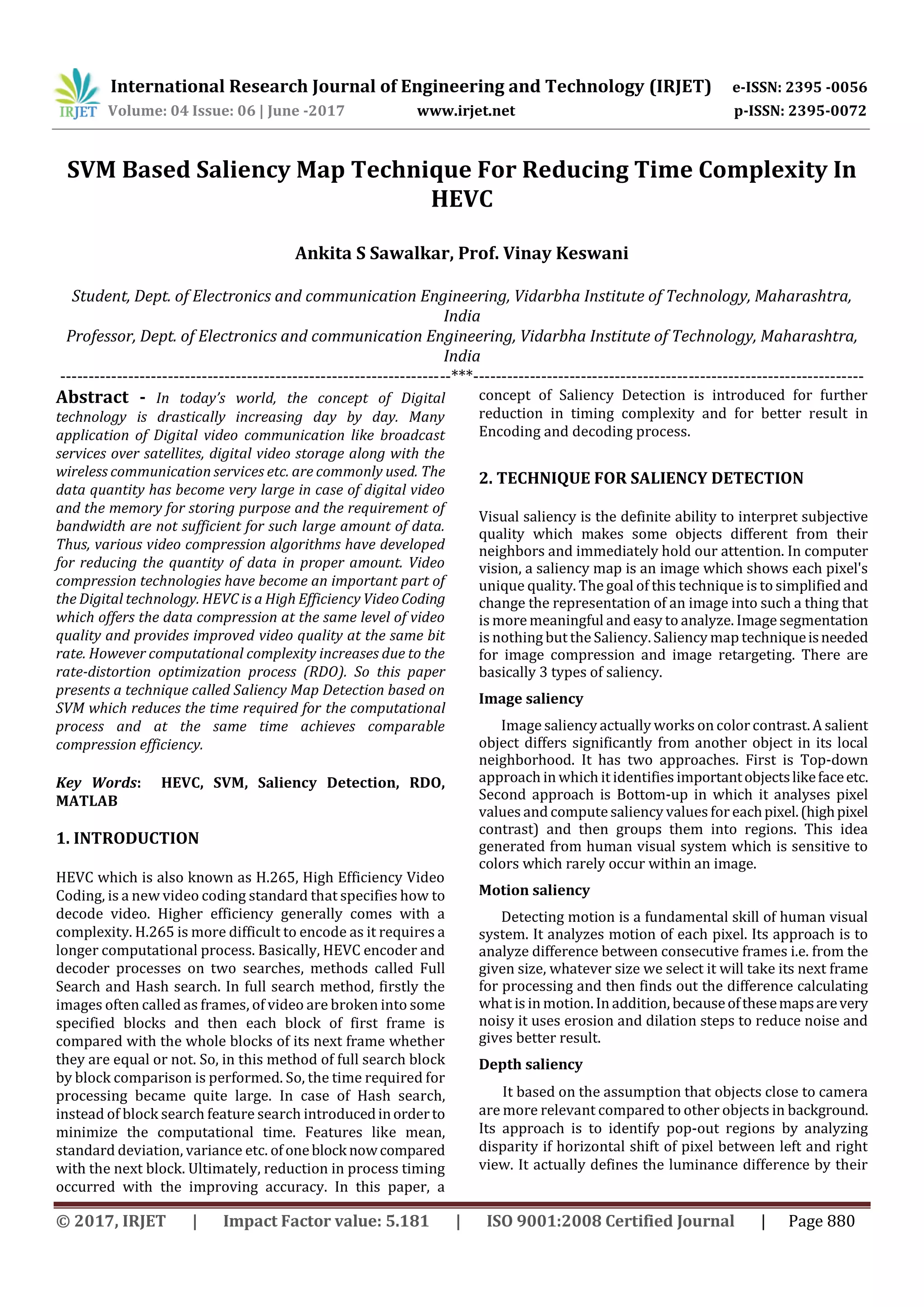 SVM Based Saliency Map Technique for Reducing Time Complexity in HEVC | PDF | Video Software ...