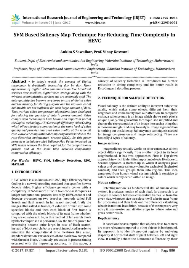 SVM Based Saliency Map Technique for Reducing Time Complexity in HEVC | PDF | Video Software ...