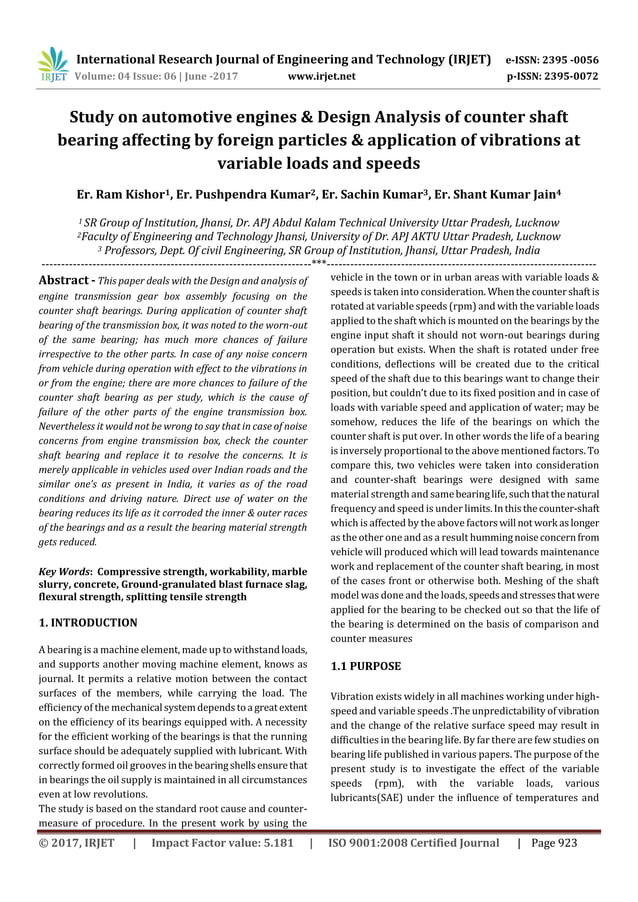 Study on Automotive Engines & Design Analysis of Counter Shaft Bearing ...