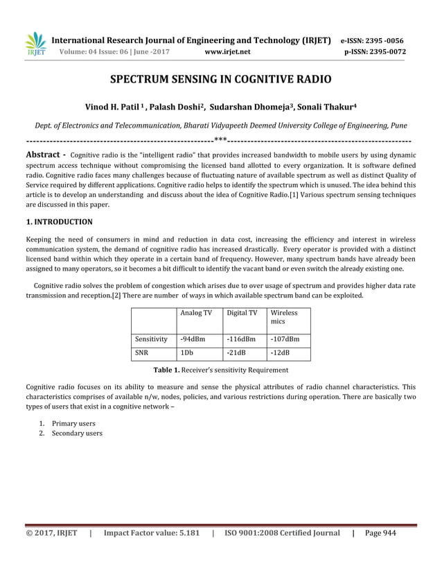 Spectrum Sensing in Cognitive Radio | PDF