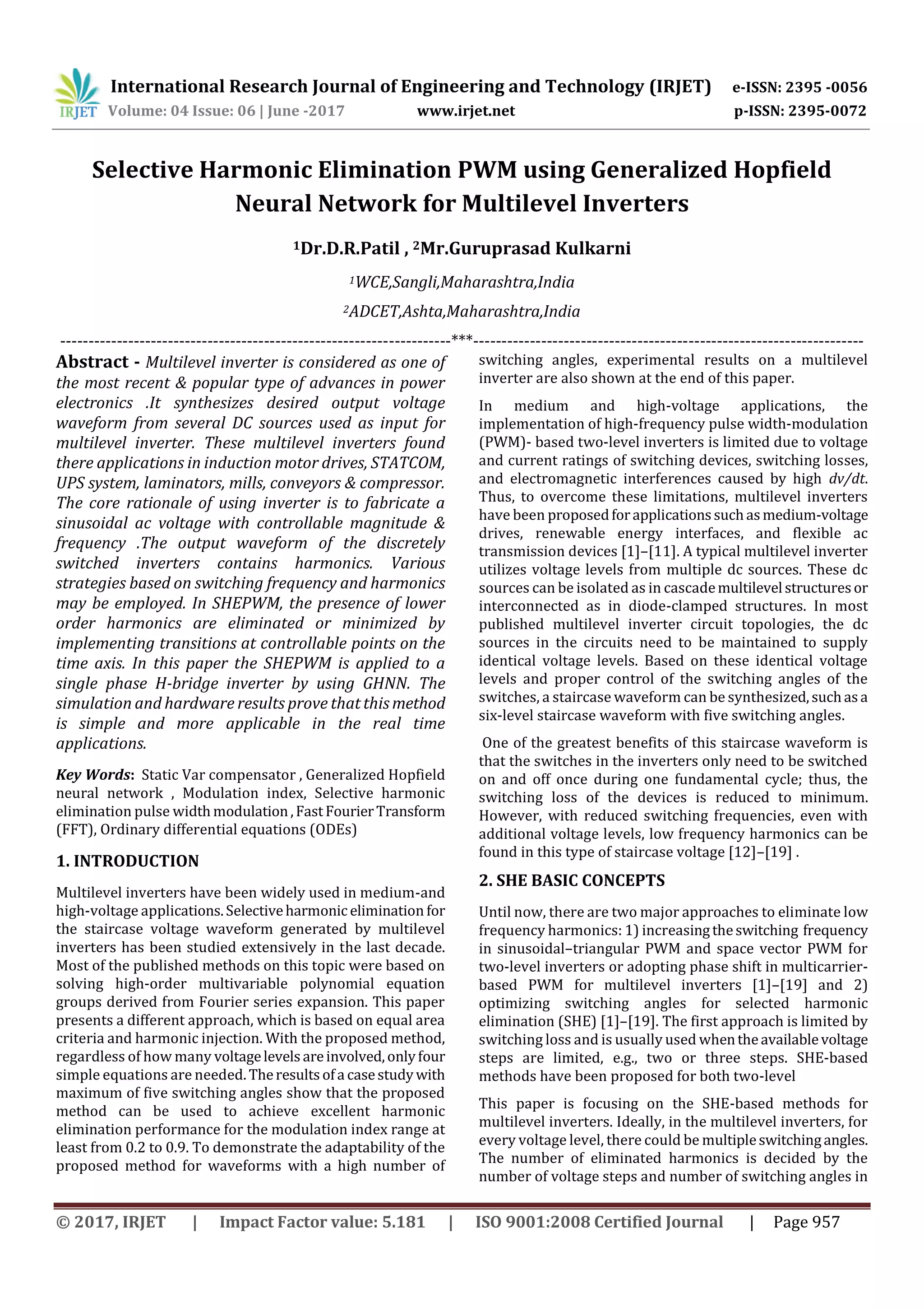 Selective Harmonic Elimination PWM using Generalized Hopfield Neural Network for Multilevel ...