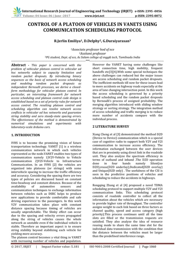 Control of A Platoon of Vehicles in Vanets using Communication Scheduling Protocol | PDF