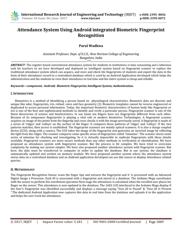 Attendance System using Android Integrated Biometric Fingerprint Recognition | PDF