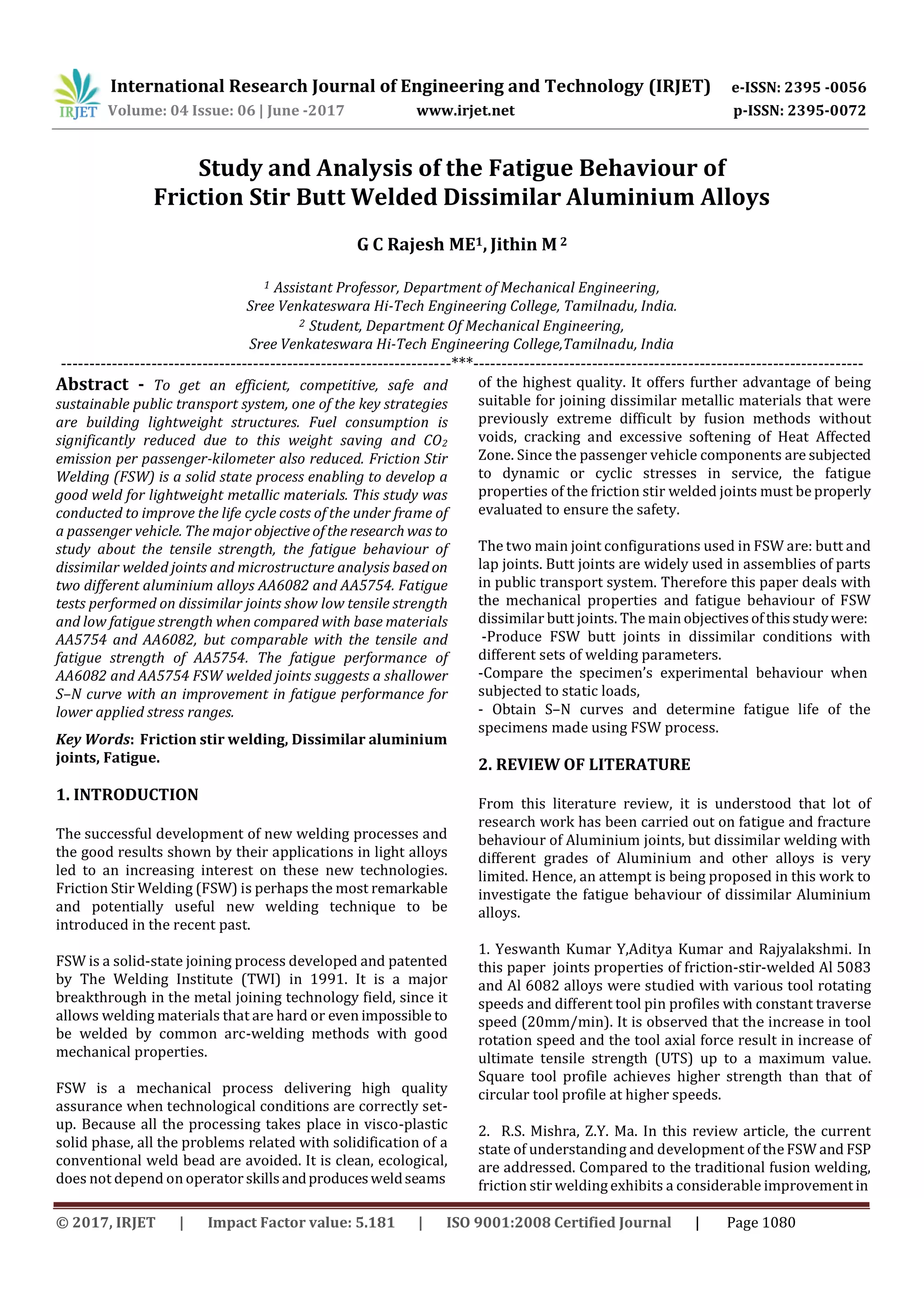 Study and Analysis of the Fatigue Behaviour of Friction Stir Butt Welded Dissimilar Aluminium ...
