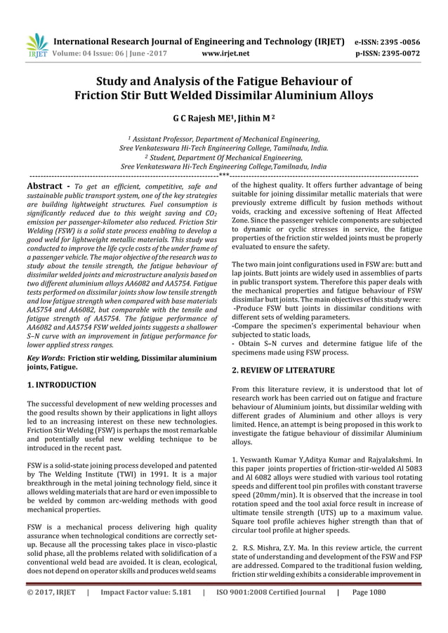 Study and Analysis of the Fatigue Behaviour of Friction Stir Butt Welded Dissimilar Aluminium ...