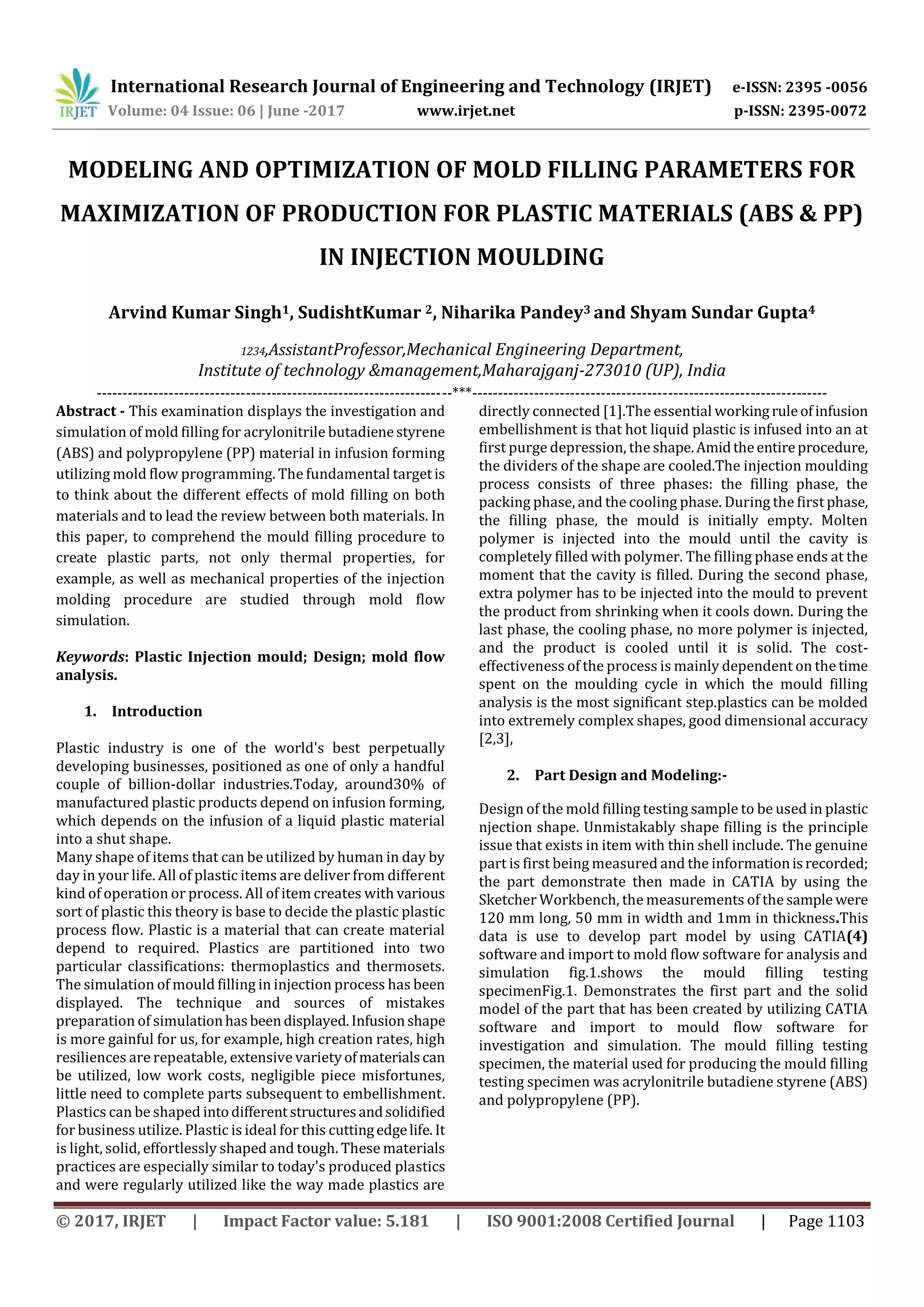 Modeling and Optimization of Mold Filling Parameters for Maximization of Production for Plastic ...