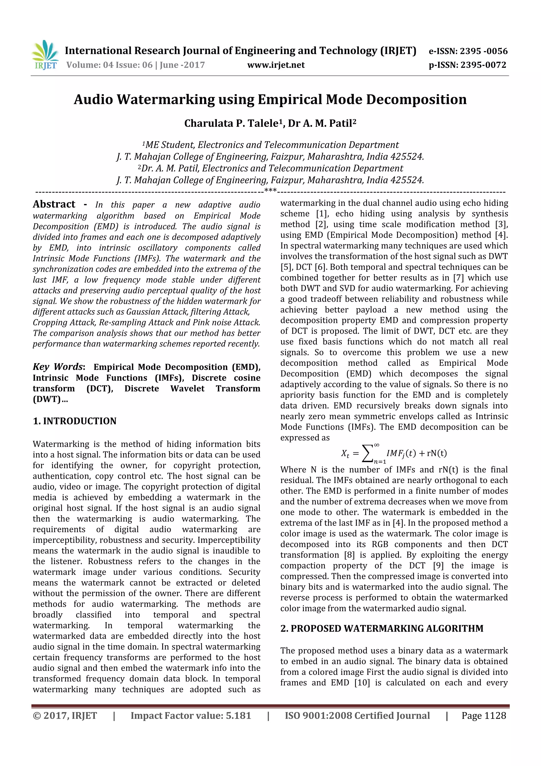 Audio Watermarking using Empirical Mode Decomposition | PDF