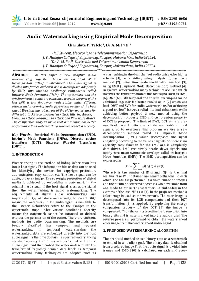 Audio Watermarking using Empirical Mode Decomposition | PDF