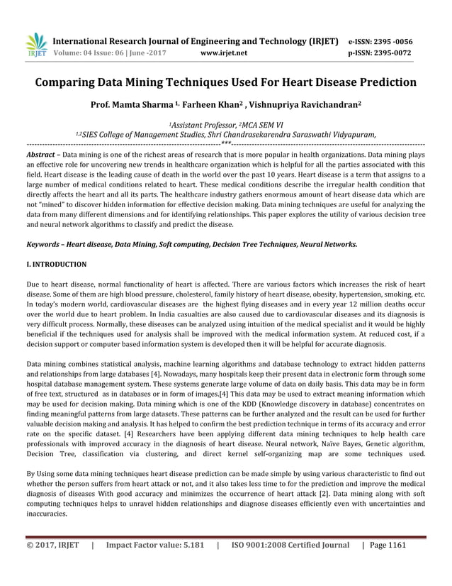 Comparing Data Mining Techniques used for Heart Disease Prediction | PDF