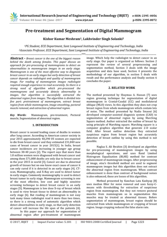 Pre-treatment and Segmentation of Digital Mammogram | PDF