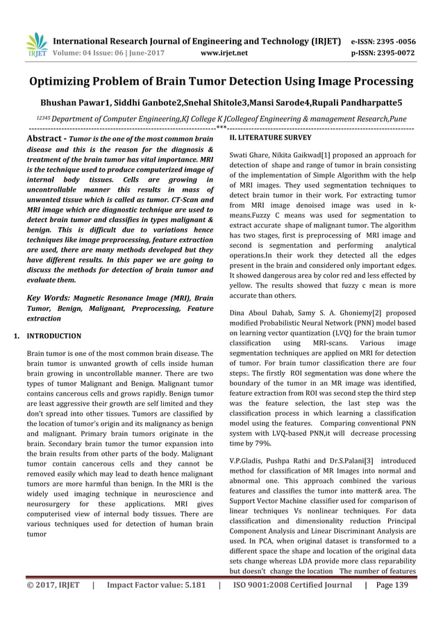 Optimizing Problem Of Brain Tumor Detection Using Image Processing Pdf