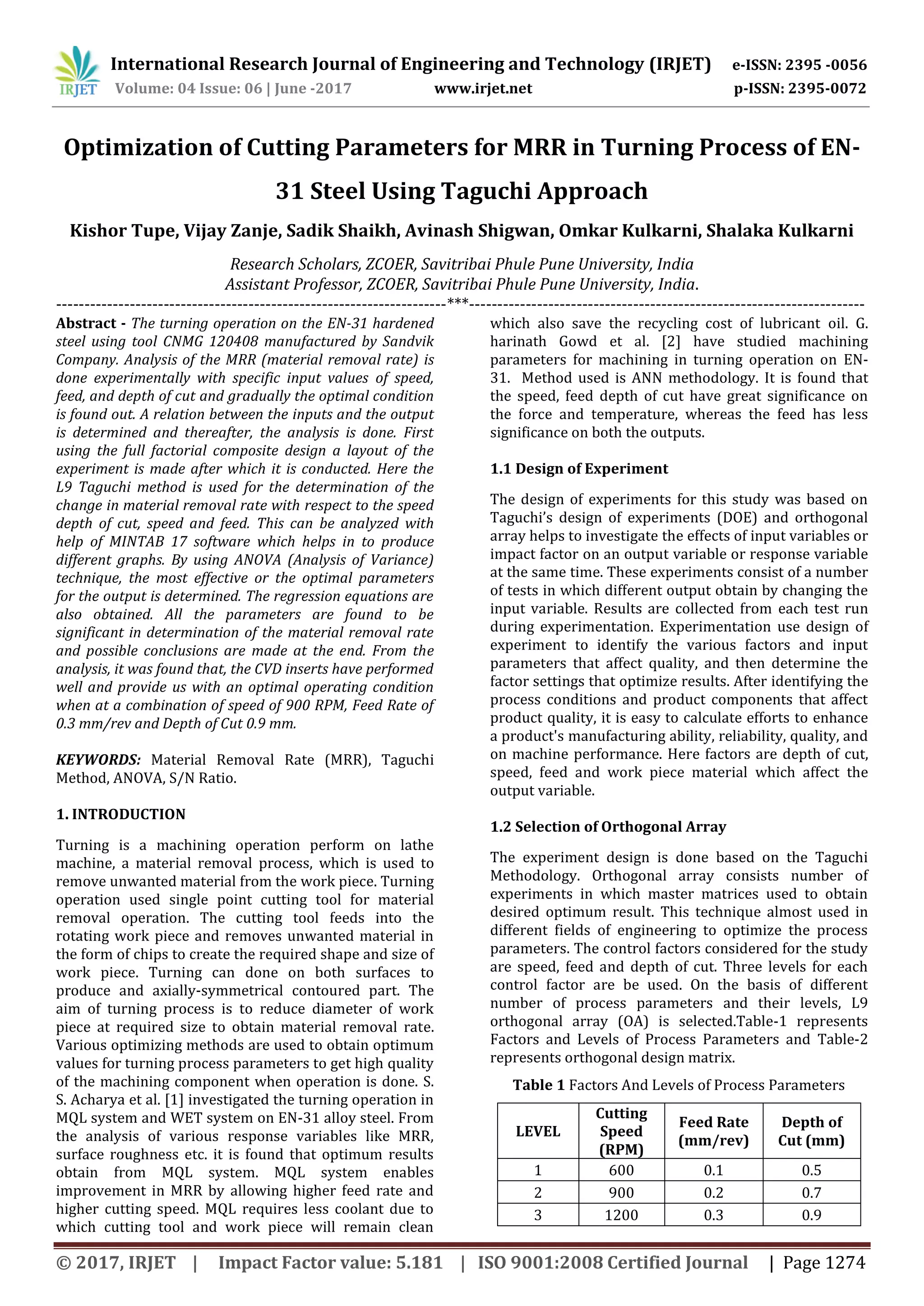 Optimization Of Cutting Parameters For Mrr In Turning Process Of En 31