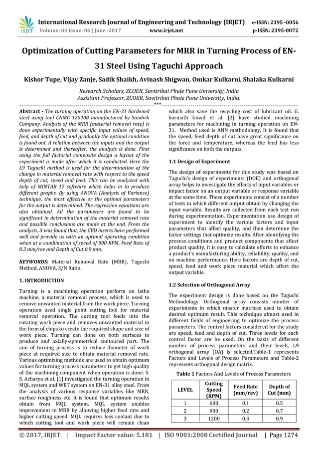 Optimization Of Cutting Parameters For Mrr In Turning Process Of En 31