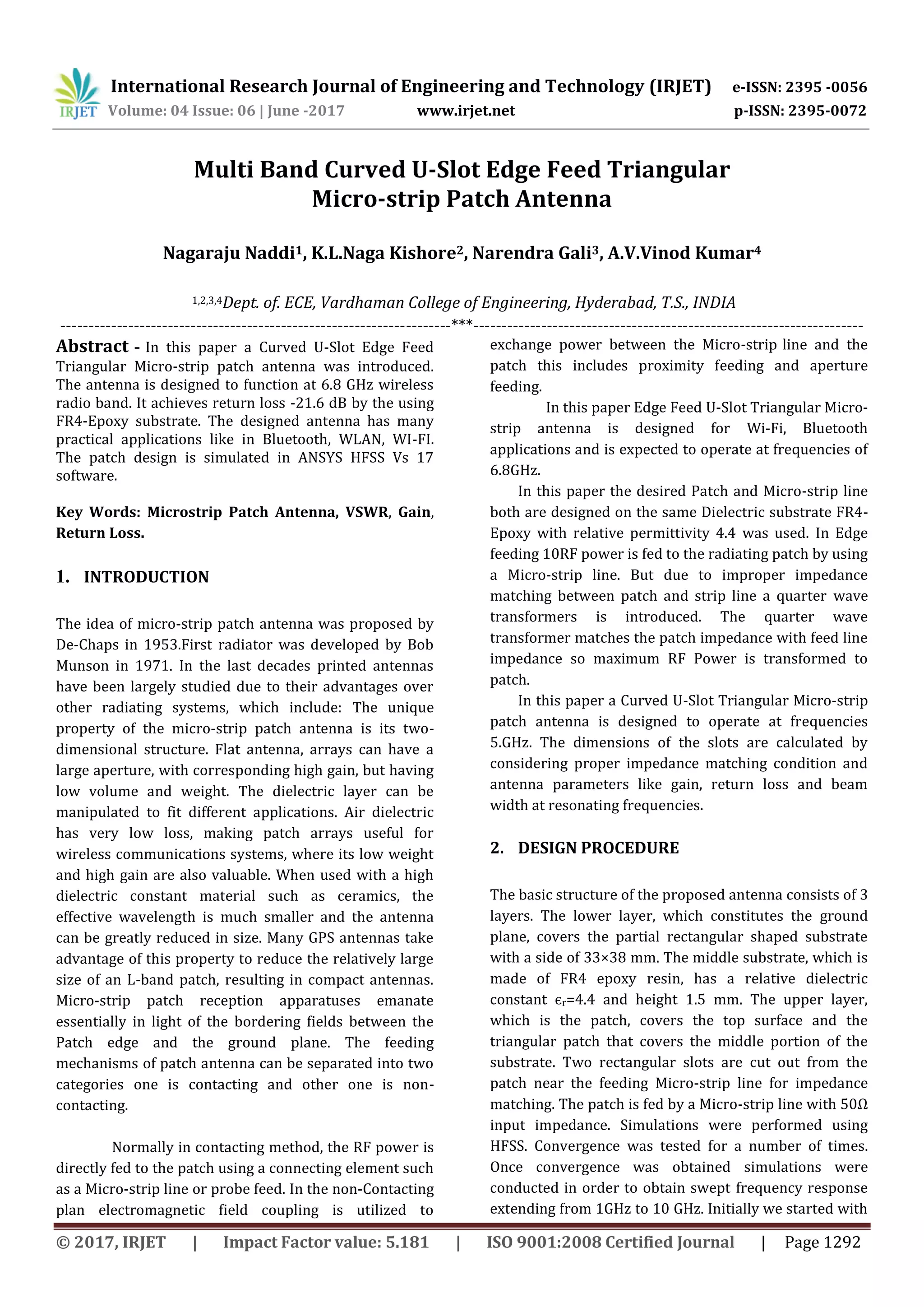 Multi Band Curved U-Slot Edge Feed Triangular Micro-strip Patch Antenna | PDF