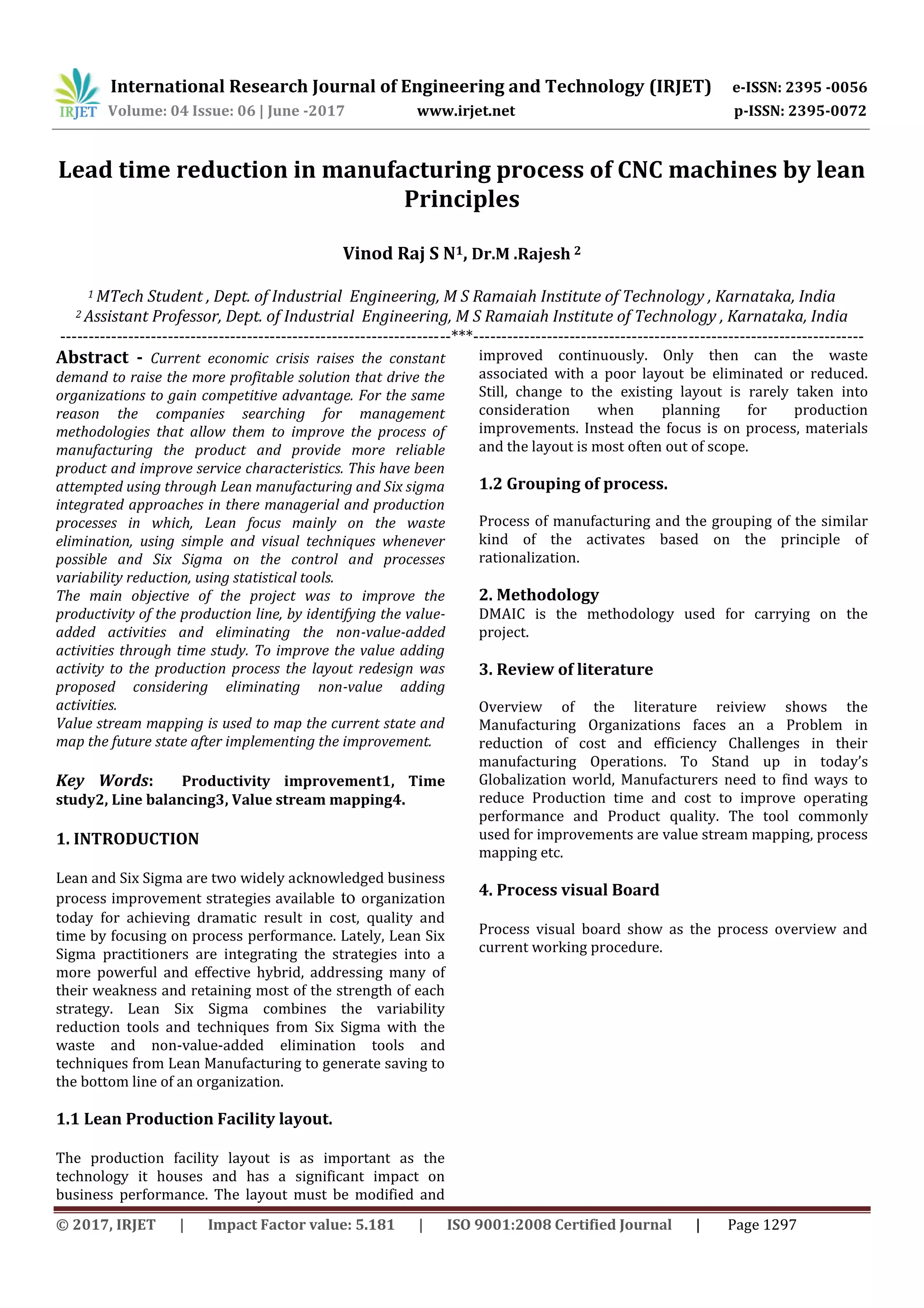 Lead Time Reduction in Manufacturing Process of CNC Machines by Lean ...
