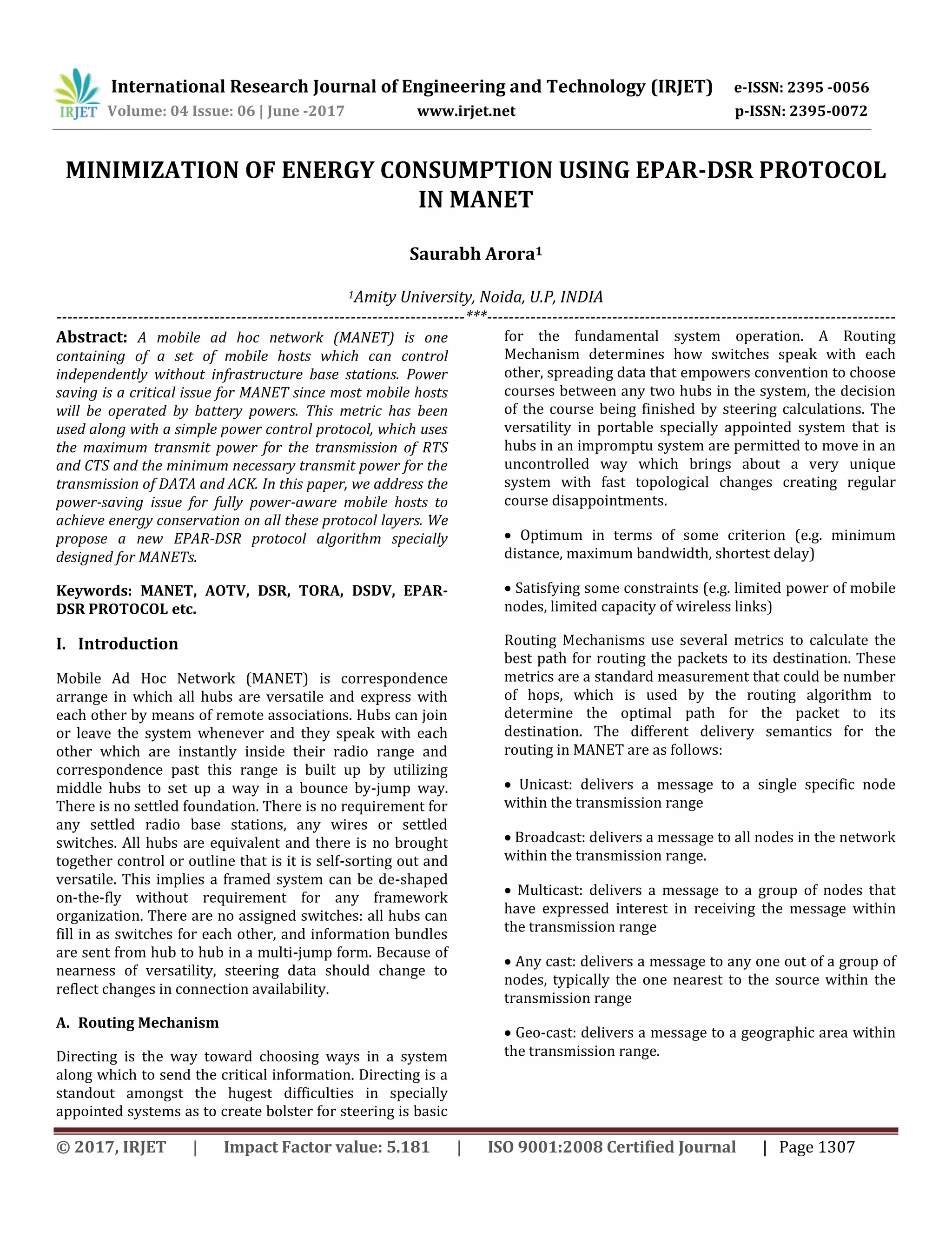 Minimization of Energy Consumption using EPAR-DSR Protocol in Manet | PDF