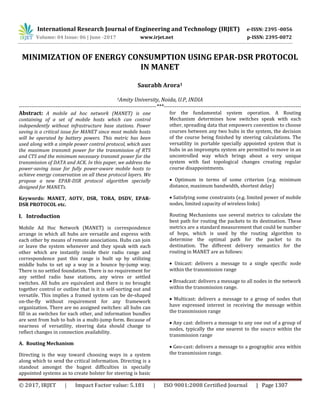 Minimization of Energy Consumption using EPAR-DSR Protocol in Manet | PDF