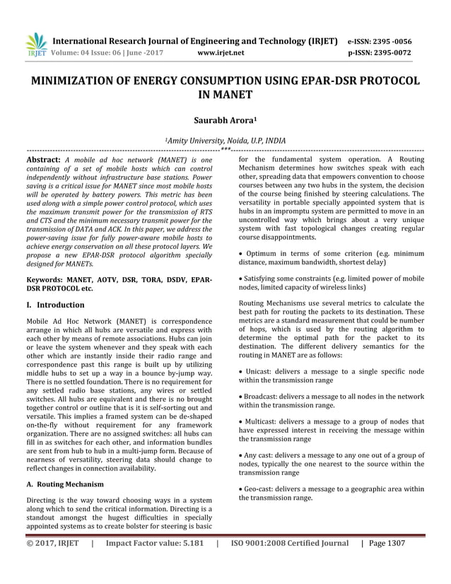 Minimization Of Energy Consumption Using Epar Dsr Protocol In Manet Pdf