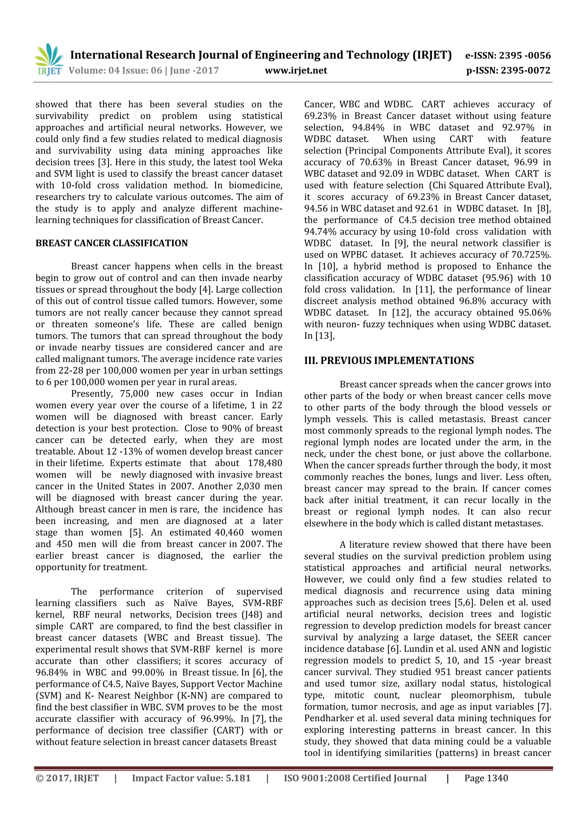 Performance Evaluation Using Supervised Learning Algorithms For Breast