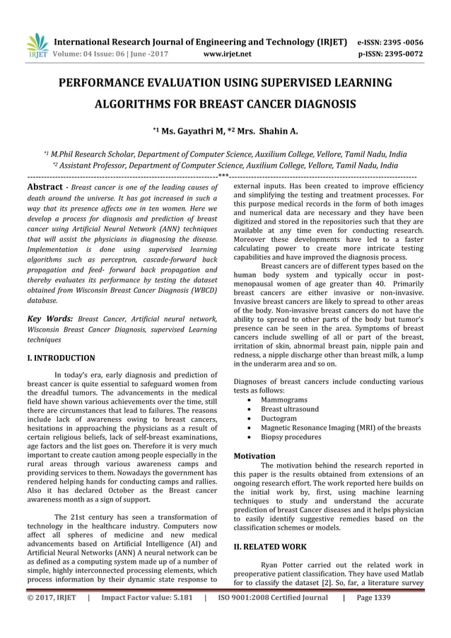 Performance Evaluation Using Supervised Learning Algorithms For Breast