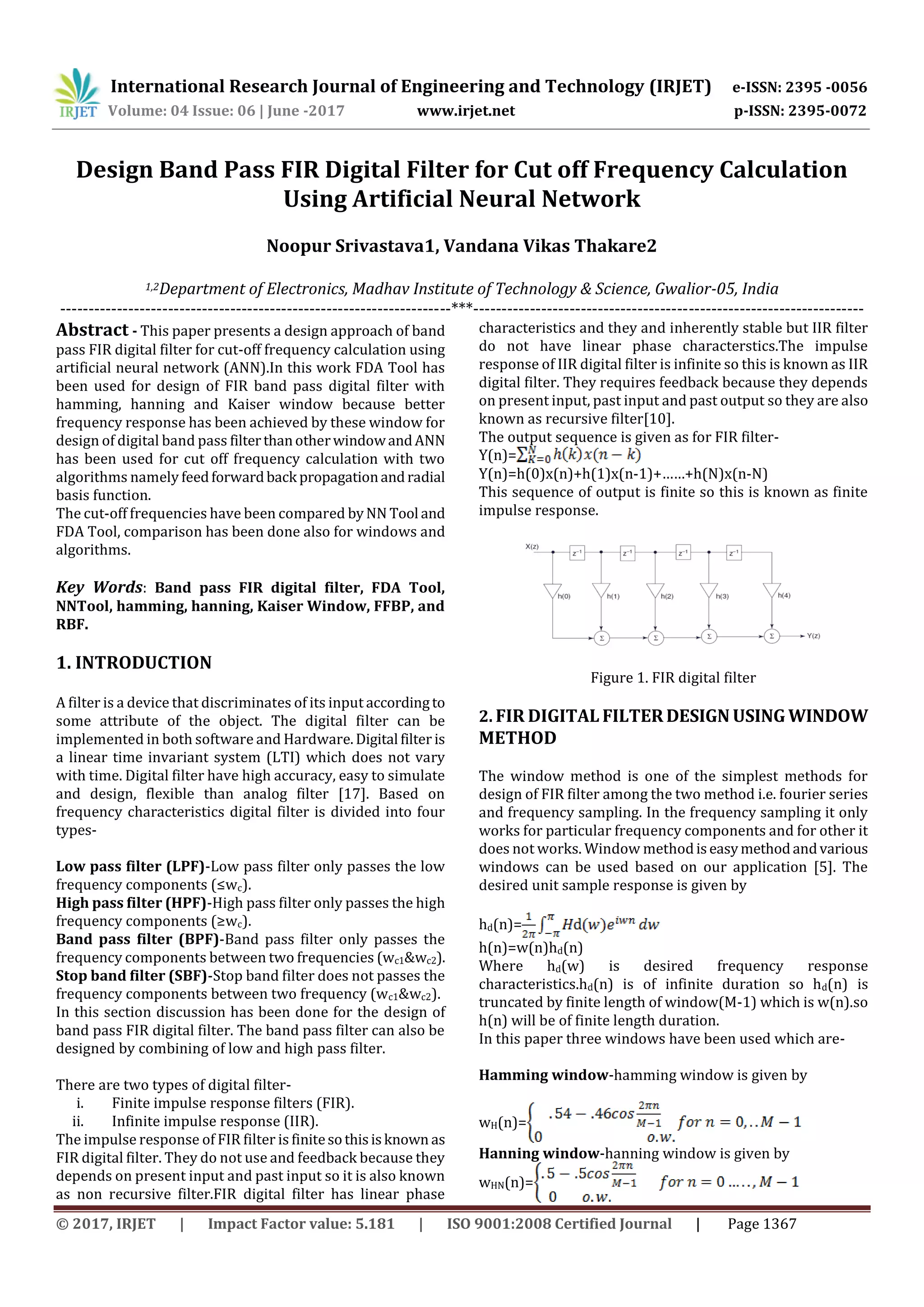 Design Band Pass FIR Digital Filter for Cut off Frequency Calculation Using Artificial Neural ...
