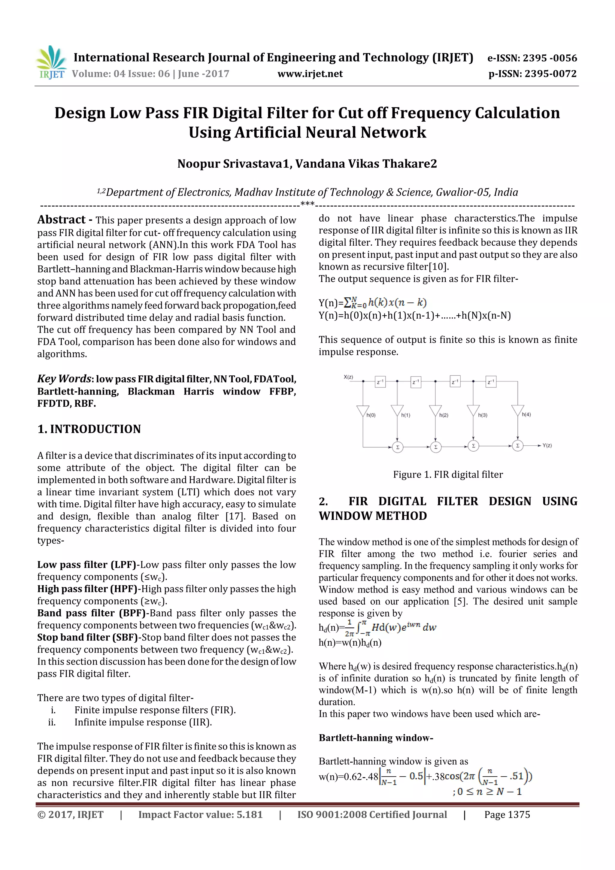 Design Low Pass FIR Digital Filter for Cut off Frequency Calculation Using Artificial Neural ...
