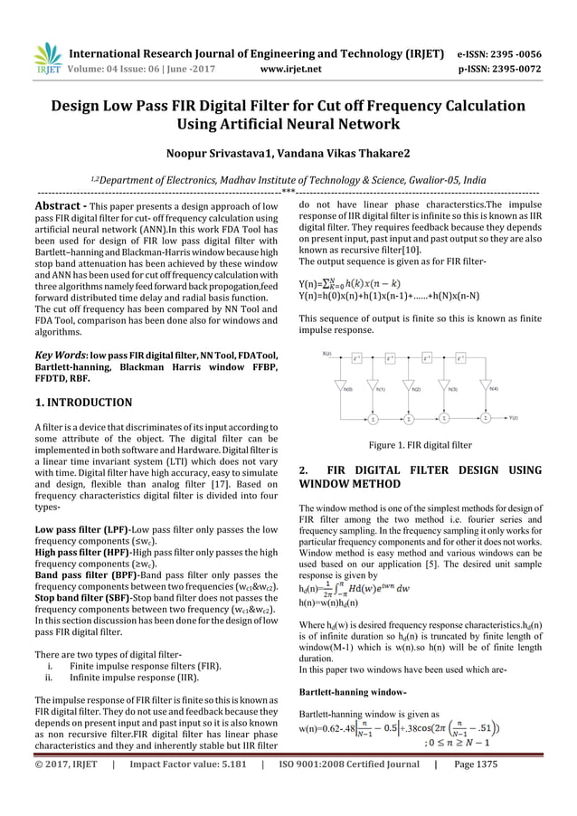 Design Low Pass Fir Digital Filter For Cut Off Frequency Calculation Using Artificial Neural