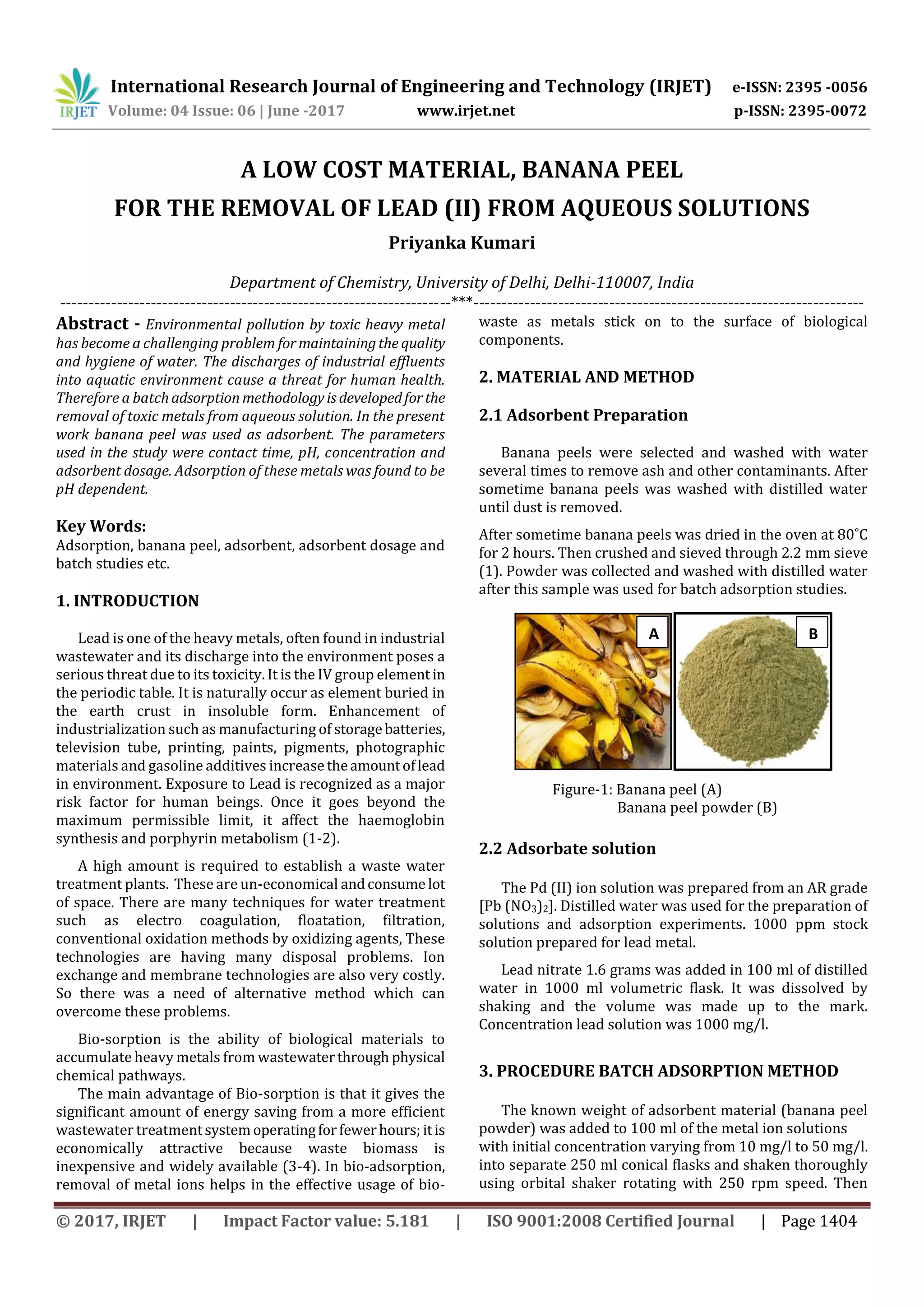 A Low Cost Material, Banana Peel for the Removal of Lead (II) from ...