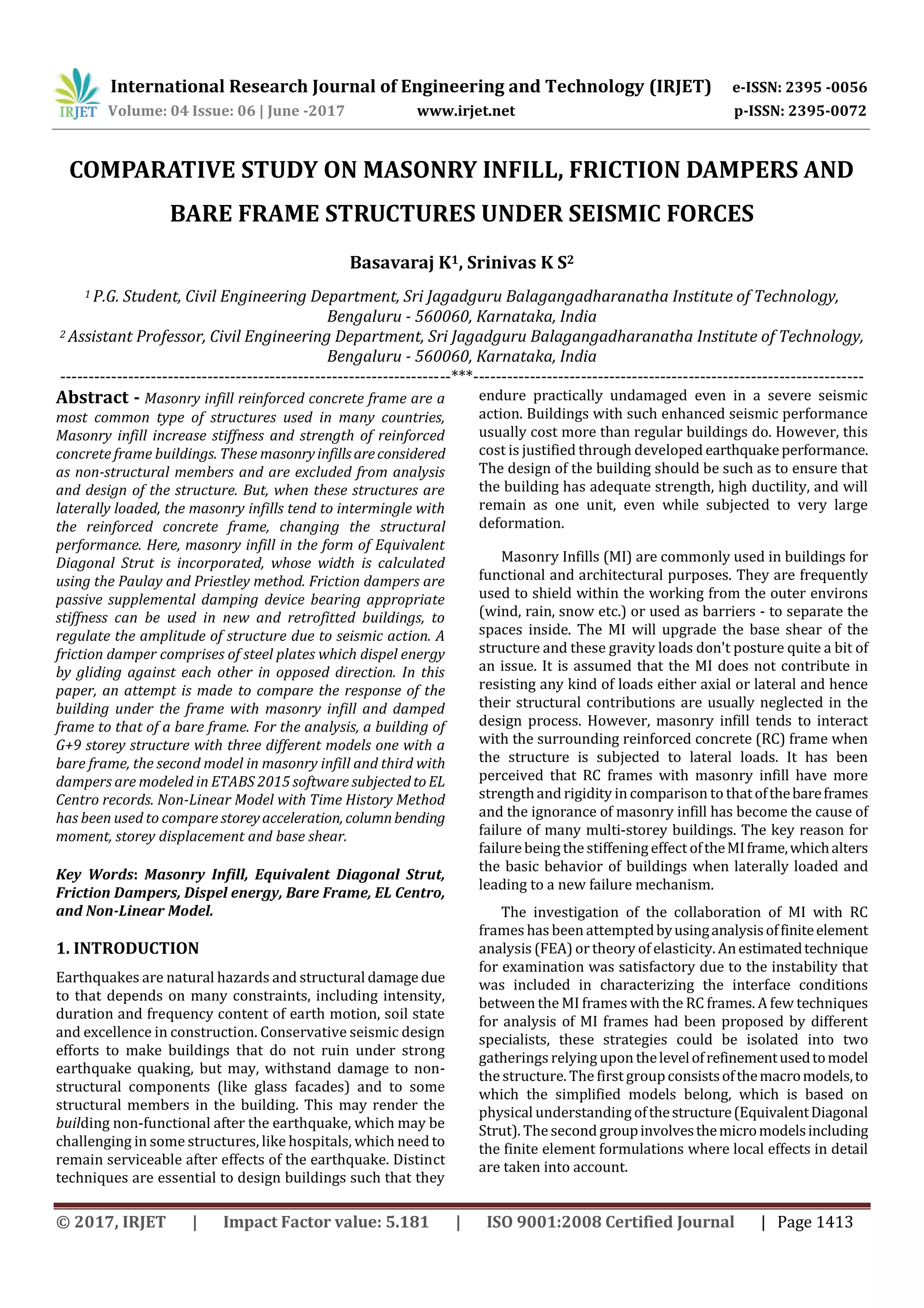 Comparative Study on Masonry Infill, Friction Dampers and Bare Frame Structures Under Seismic ...