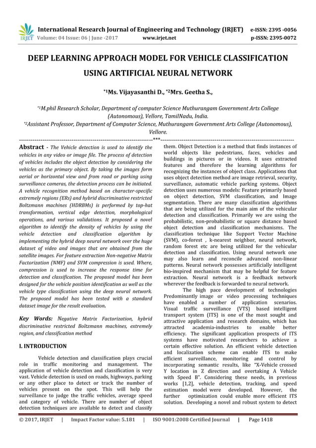 Deep Learning Approach Model for Vehicle Classification using Artificial Neural Network | PDF