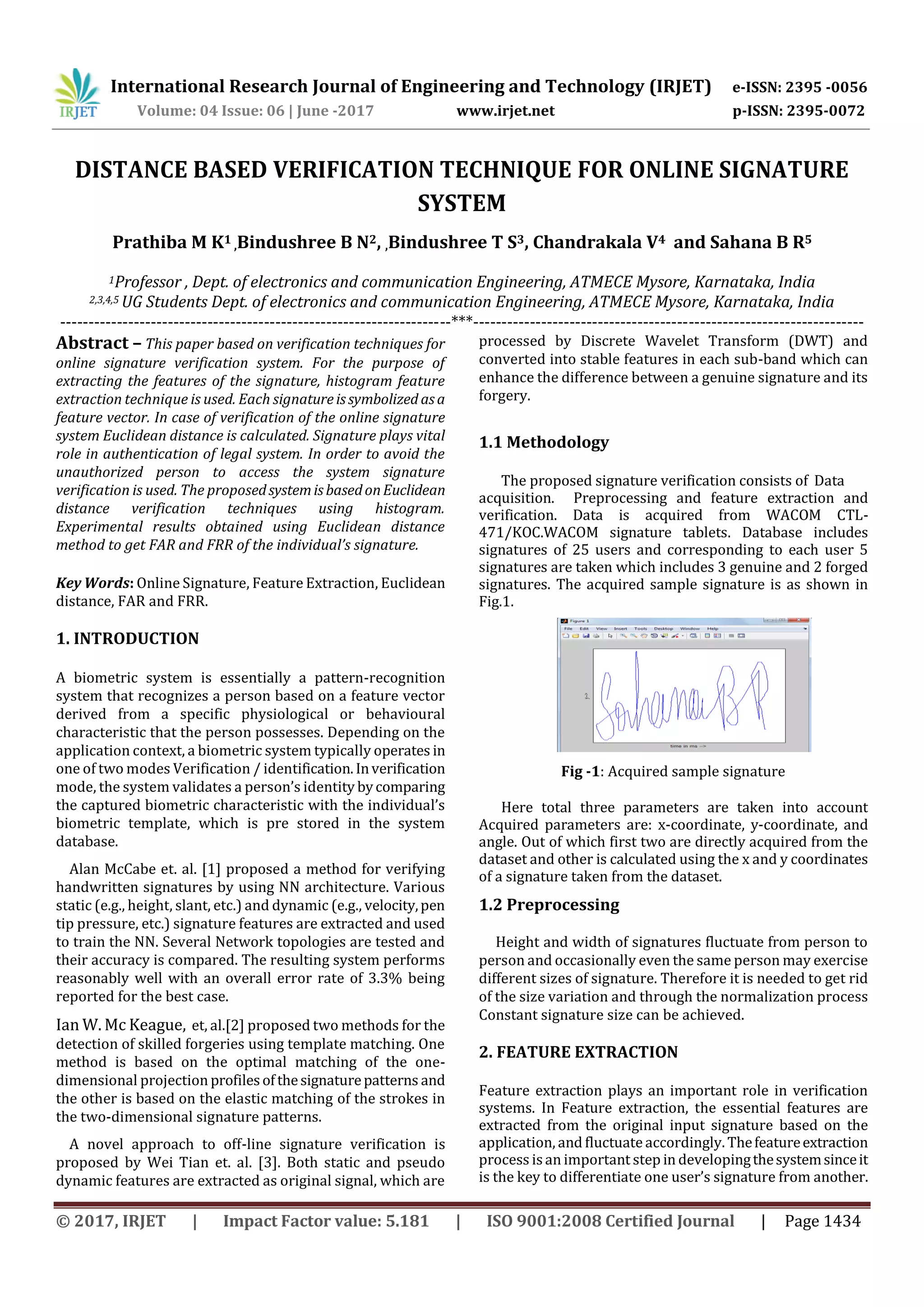 Distance Based Verification Technique for Online Signature System | PDF