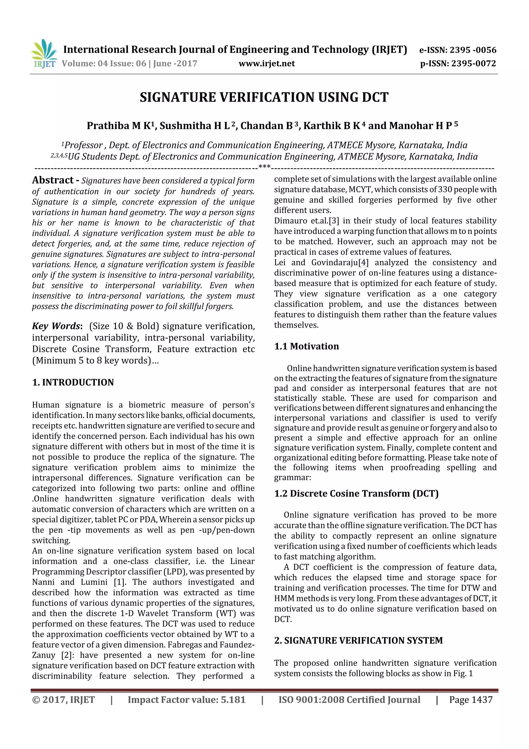 Signature Verification using DCT | PDF