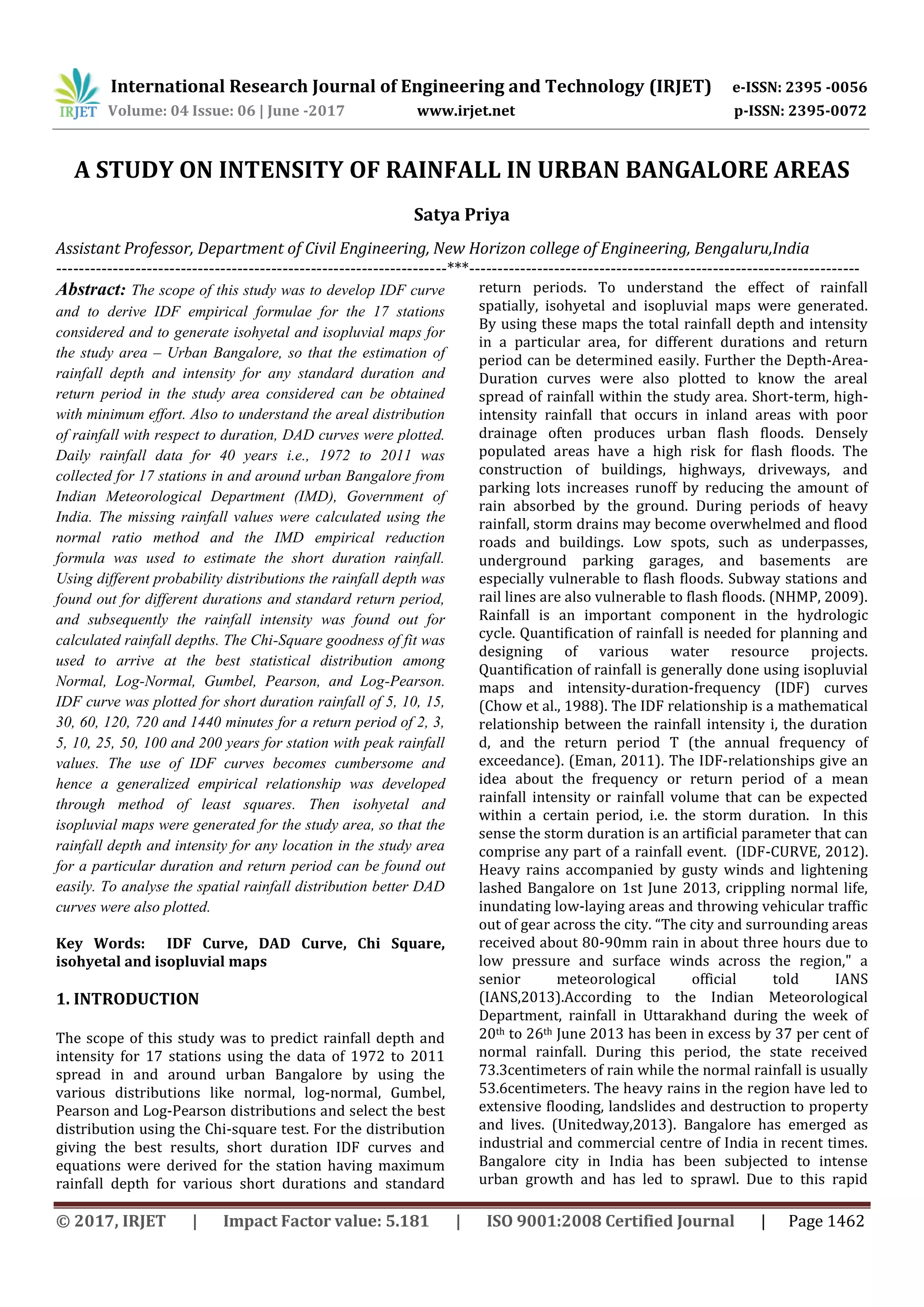 A Study on Intensity of Rainfall in Urban Bangalore Areas | PDF
