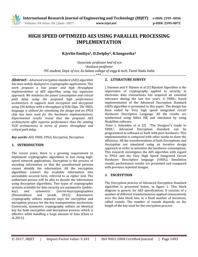 High Speed Optimized AES using Parallel Processing Implementation | PDF
