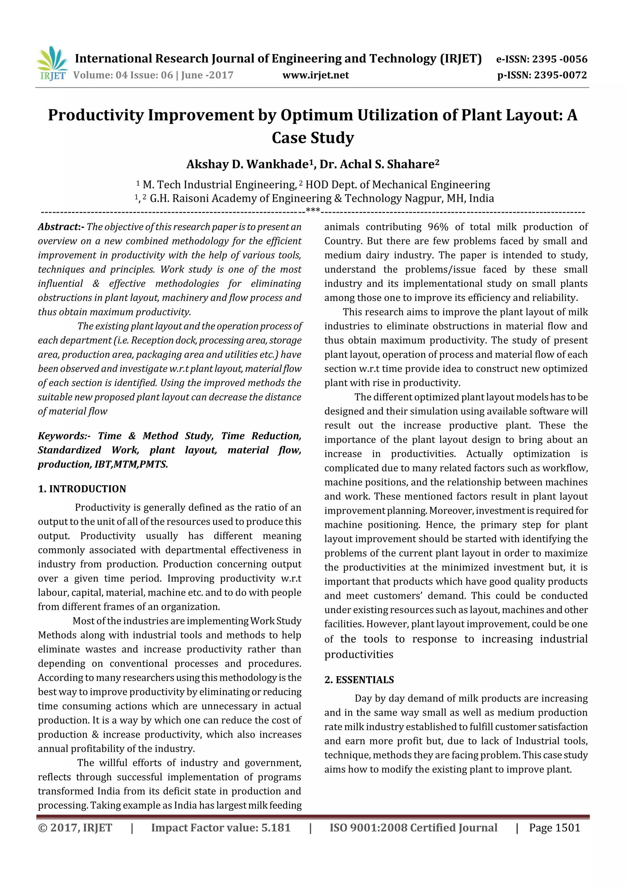 Productivity Improvement by Optimum Utilization of Plant Layout: A Case ...