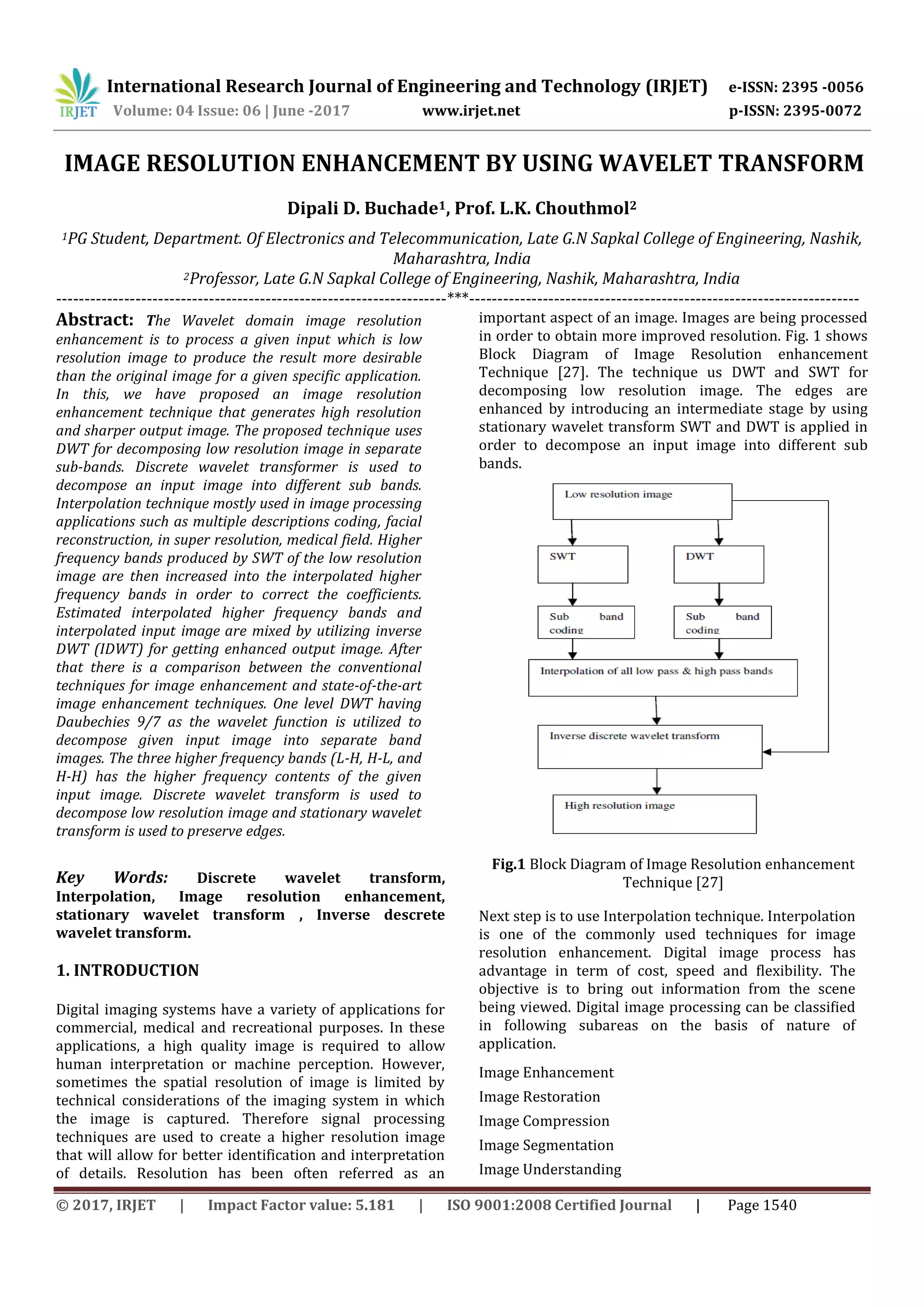 Image Resolution Enhancement by using Wavelet Transform | PDF