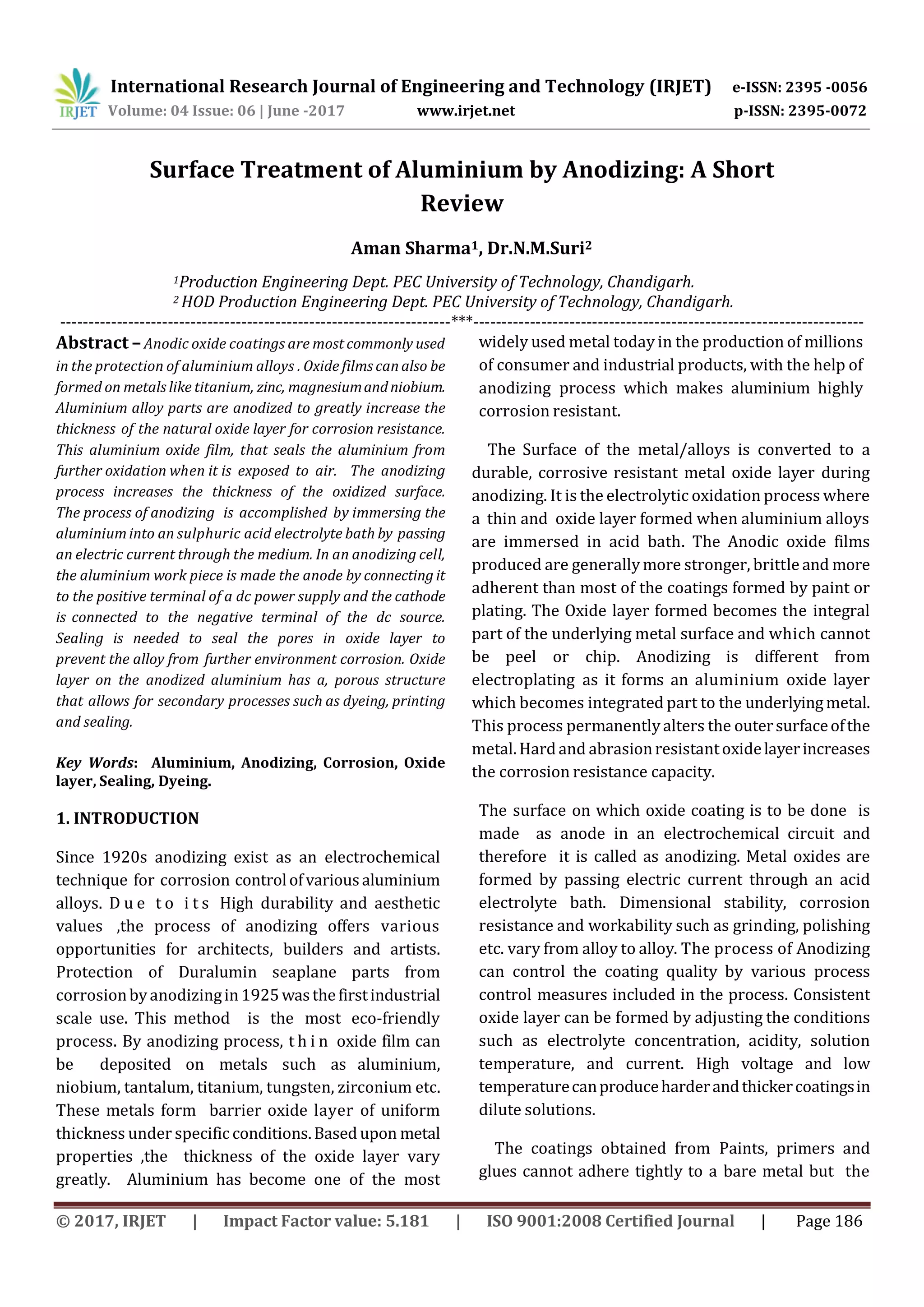 Surface Treatment of Aluminium by Anodizing: A Short Review | PDF