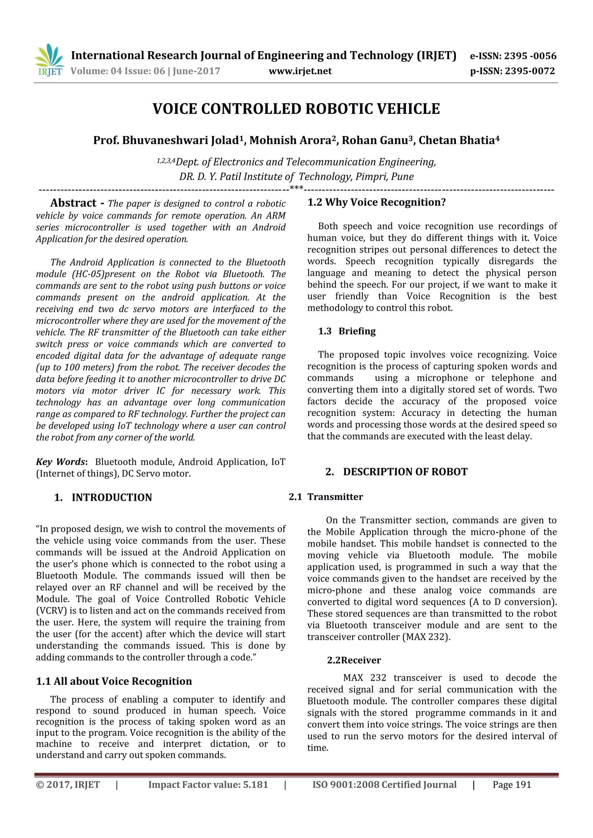 Voice Controlled Robotic Vehicle Pdf