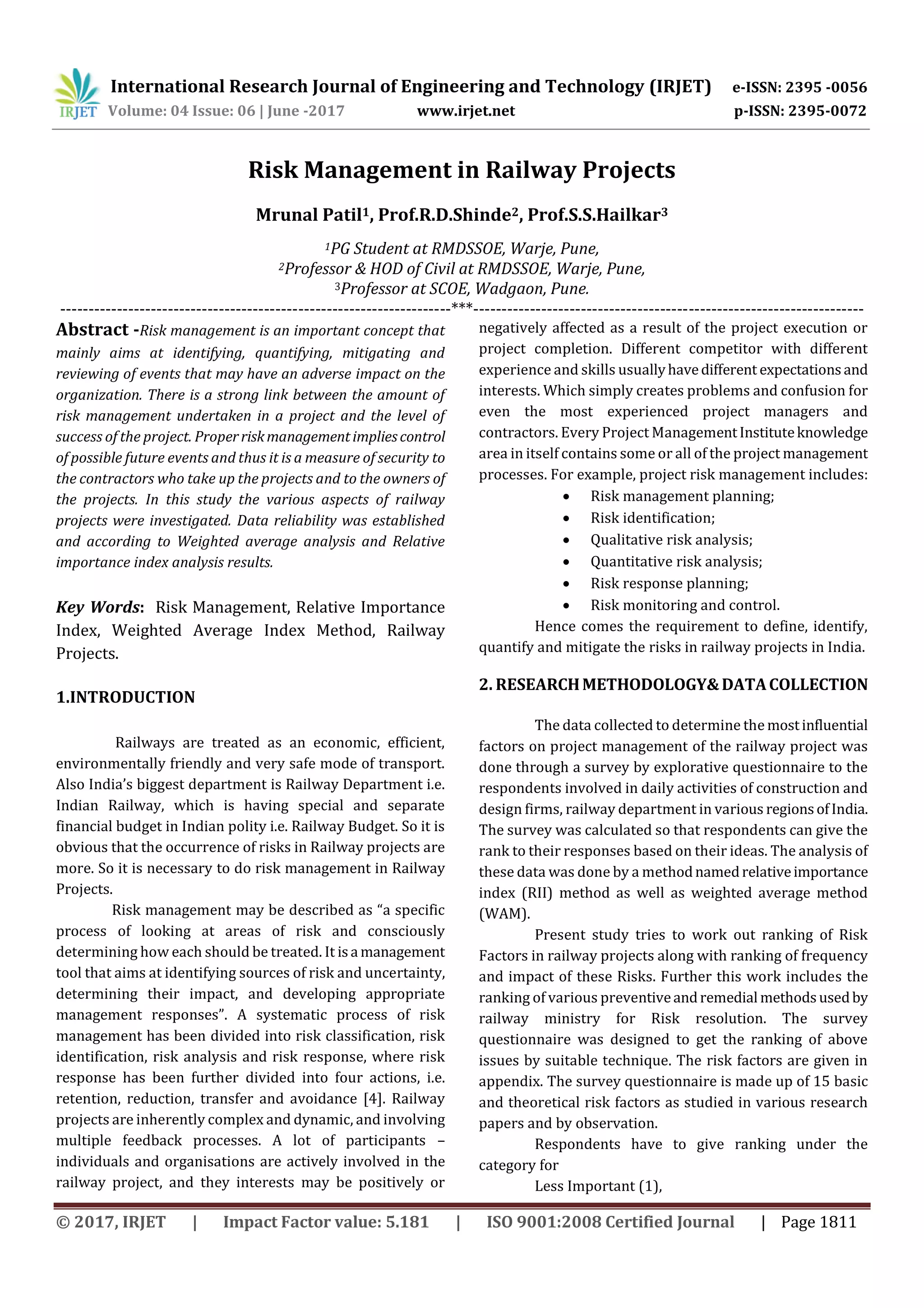 Risk Management in Railway Projects | PDF