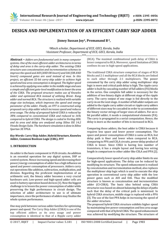 Design and Implementation of an Efficient Carry Skip Adder | PDF | Programming Languages | Computing
