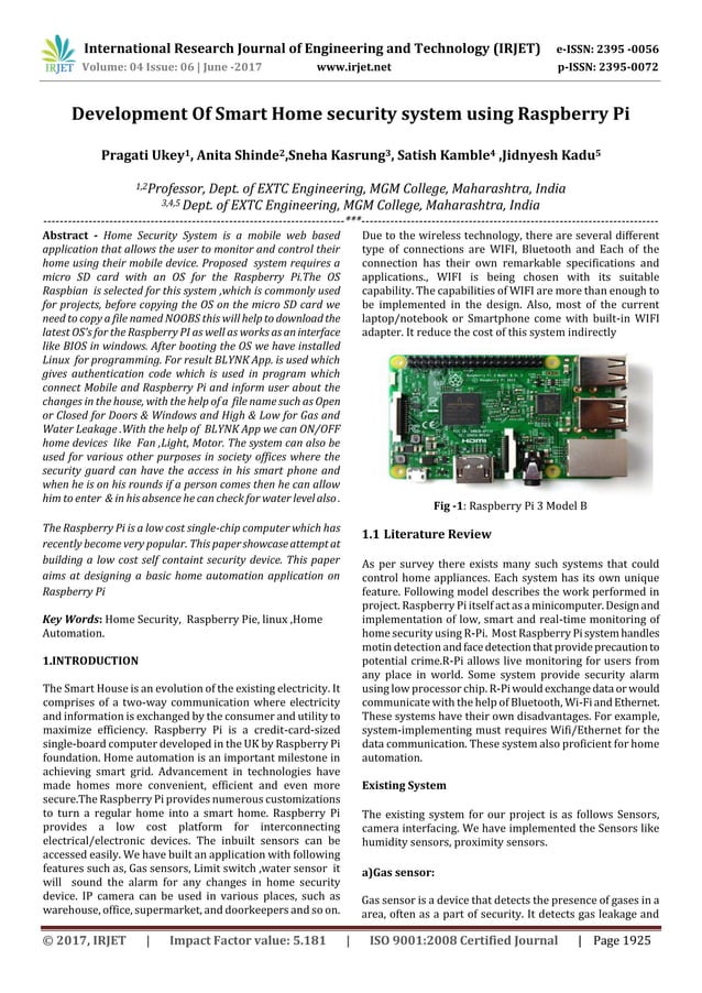 Development Of Smart Home Security System Using Raspberry Pi Pdf