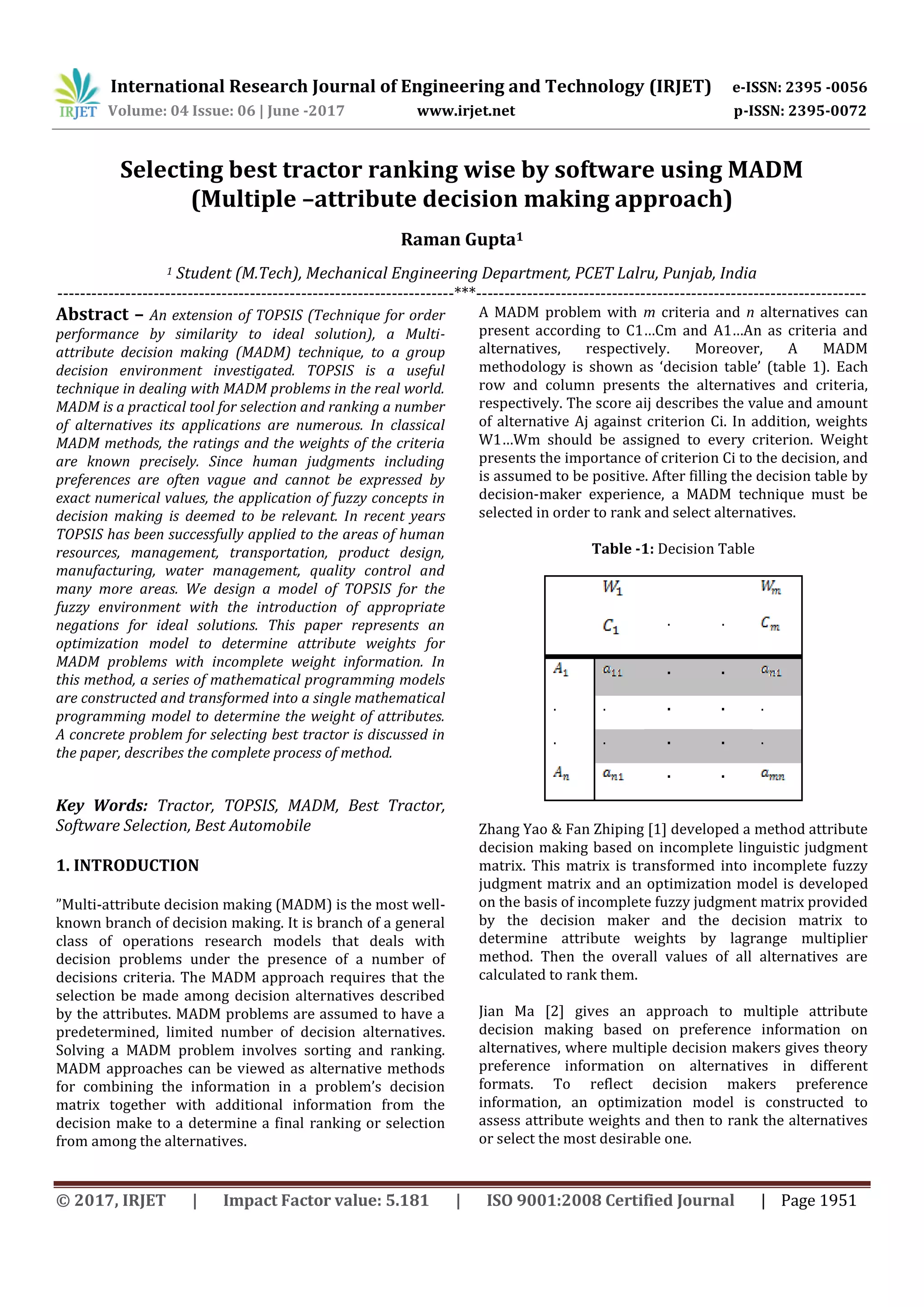 Selecting Best Tractor Ranking Wise by Software using MADM(Multiple –Attribute Decision Making ...