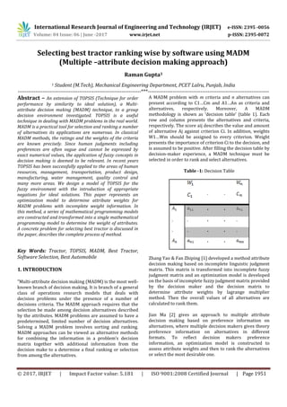 Selecting Best Tractor Ranking Wise by Software using MADM(Multiple –Attribute Decision Making ...