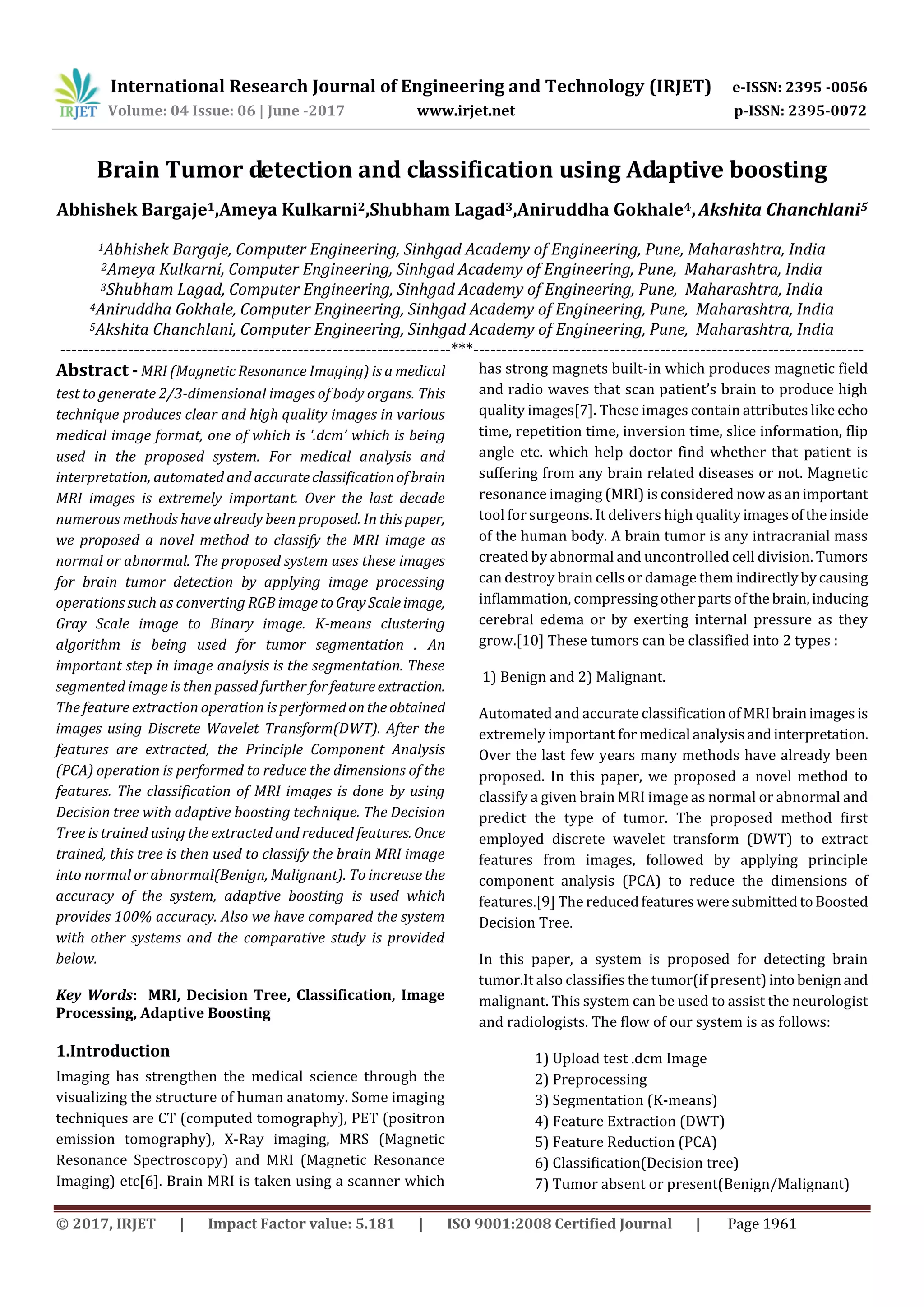 Brain Tumor Detection and Classification using Adaptive Boosting | PDF