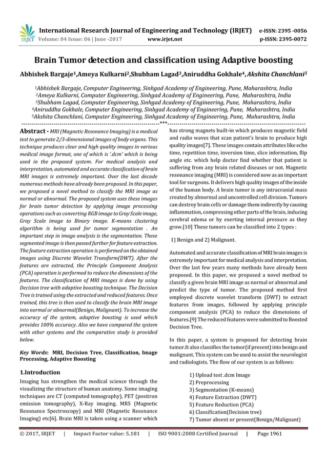 Brain Tumor Detection And Classification Using Adaptive Boosting Pdf